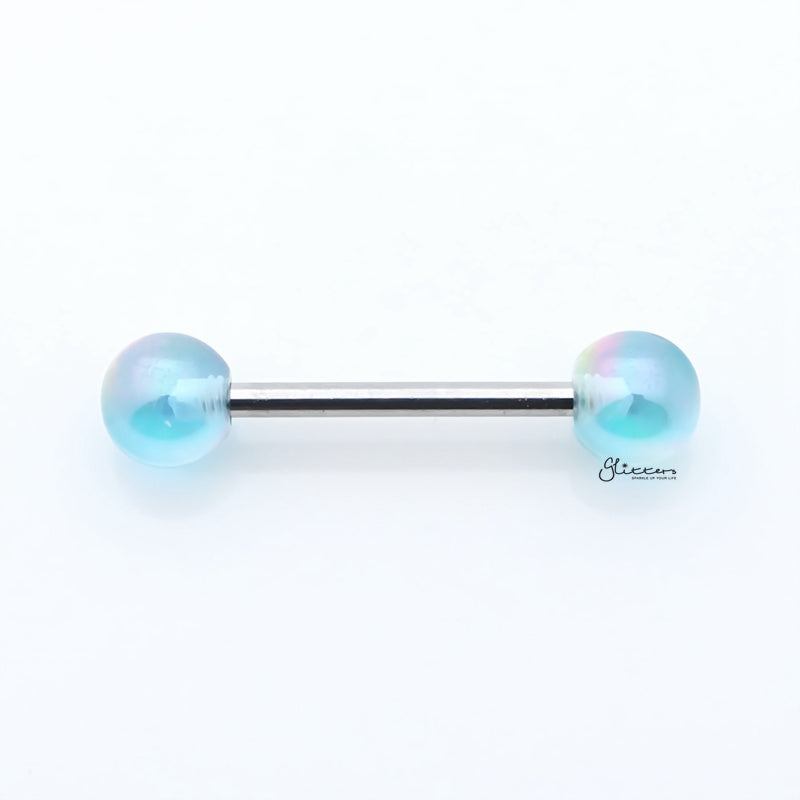 Metallic AB Coating Balls Tongue Barbell-Light Blue | Glitters